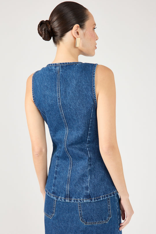 Perfect Stranger Mika Denim Button Up Vest Mid Blue Denim